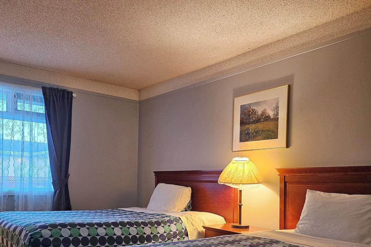 Quarto de hotel com duas camas, uma mesinha de cabeceira, uma luminária, um quadro na parede e uma janela com cortinas.