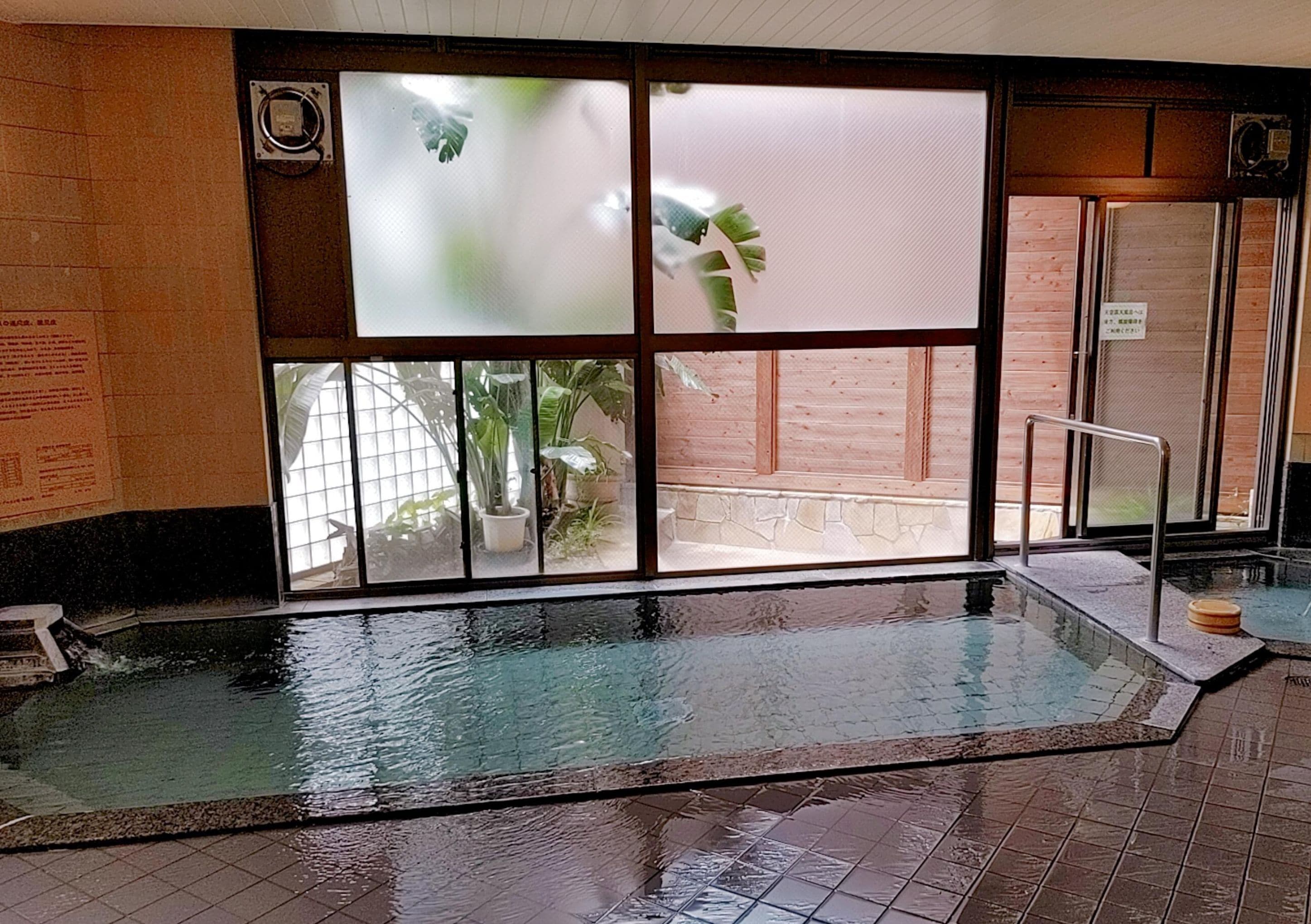 Piscina interior com paredes de vidro transparente, chão em mosaico e área externa visível com plantas.