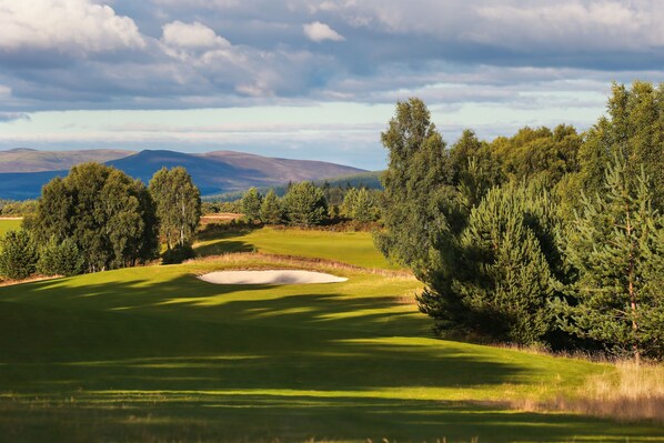 Um campo de golfe com bunkers de areia, árvores densas e montanhas ao longe, sob um céu nublado.