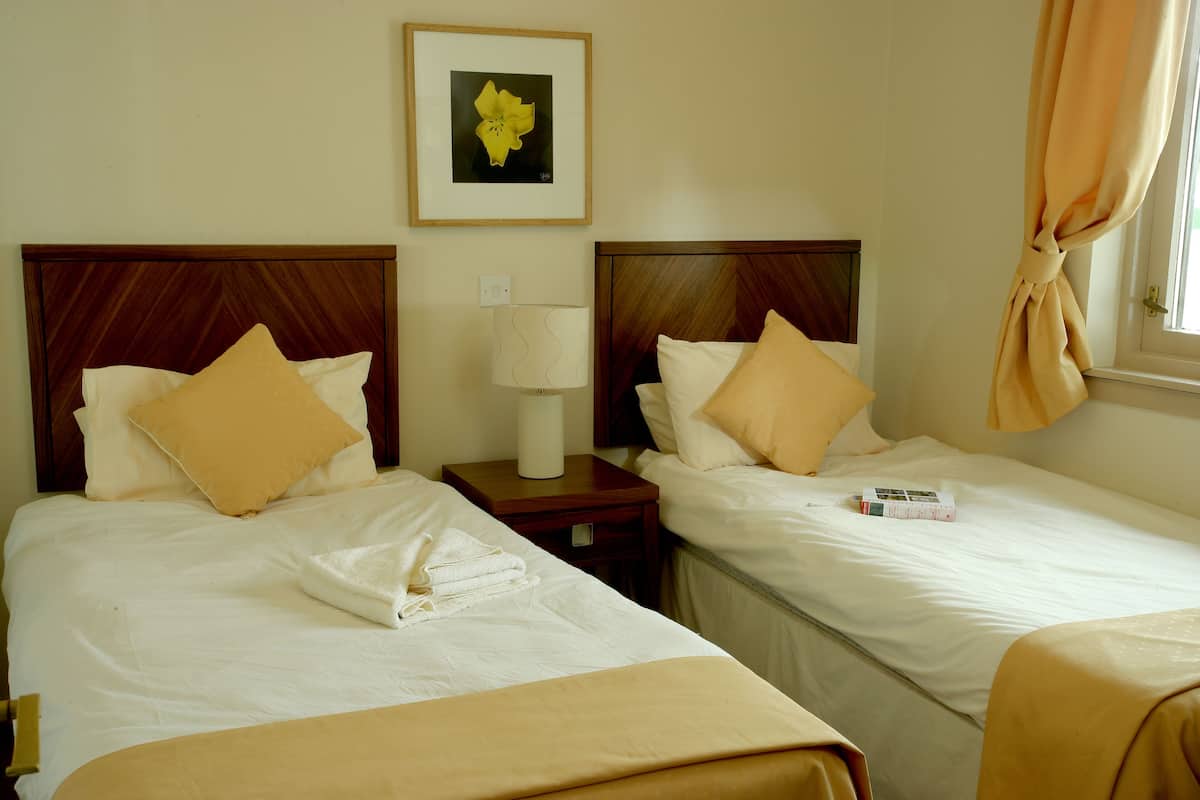 Quarto de hotel com duas camas de solteiro, cada uma com cabeceira de madeira, roupa de cama branca e almofadas bege. Há uma mesinha de cabeceira com uma luminária entre as camas, e um quadro na parede acima da cama à esquerda.