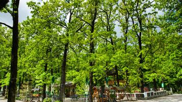 Um parque com mesas de piquenique, parquinho e um gazebo.