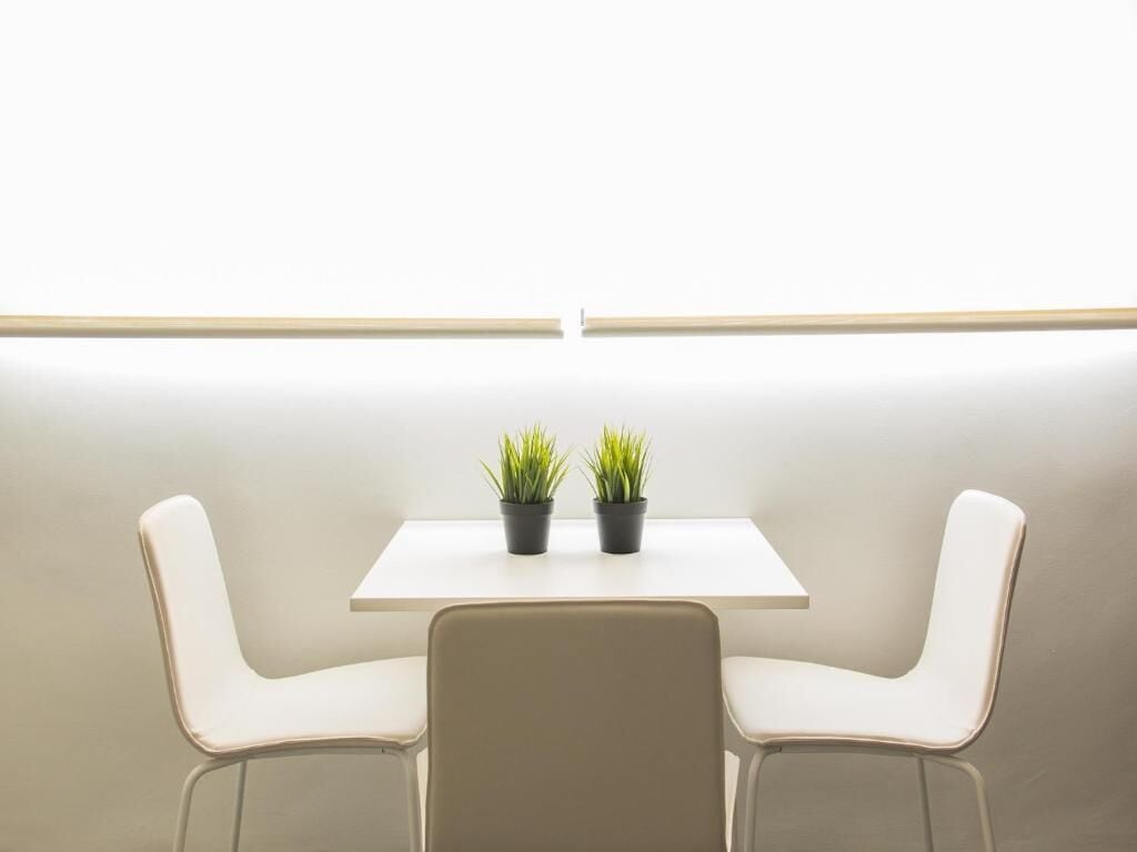 Quarto minimalista com uma mesa branca e duas cadeiras brancas. Há duas plantas em vasos sobre a mesa.