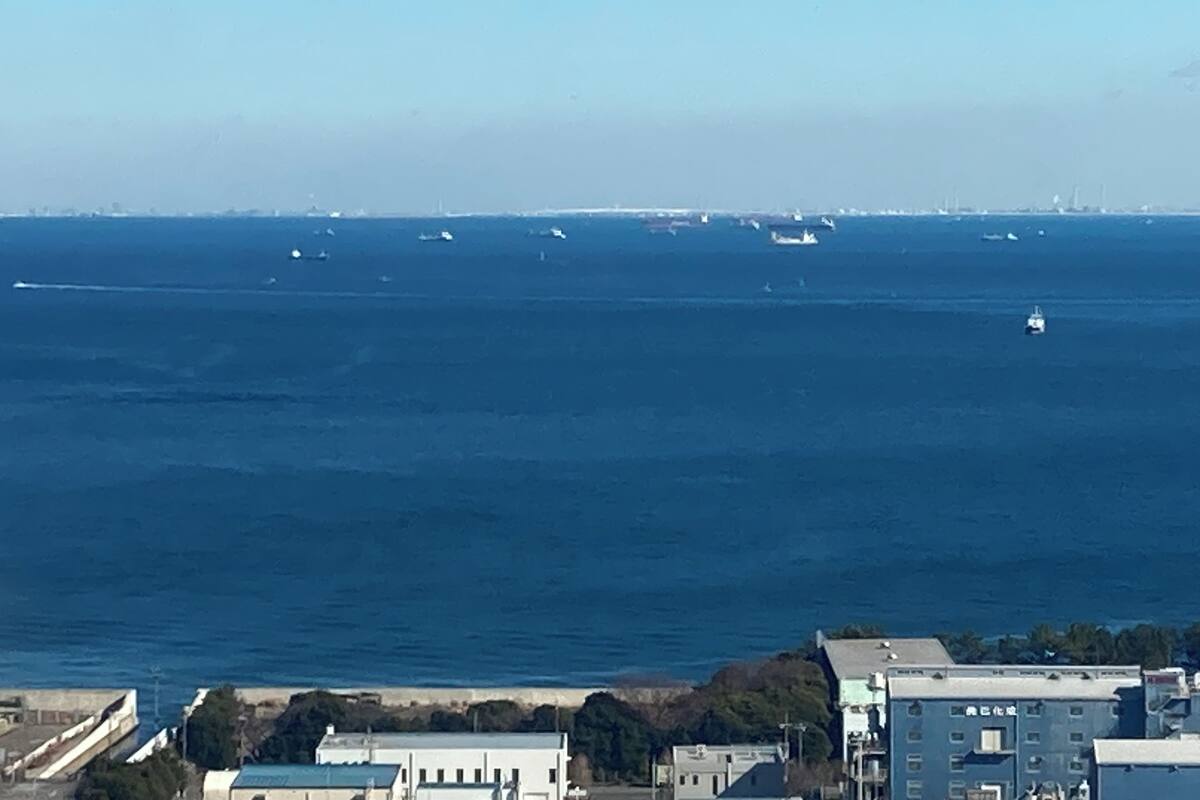 Vista costeira com um porto de iates, edifícios e céu claro.