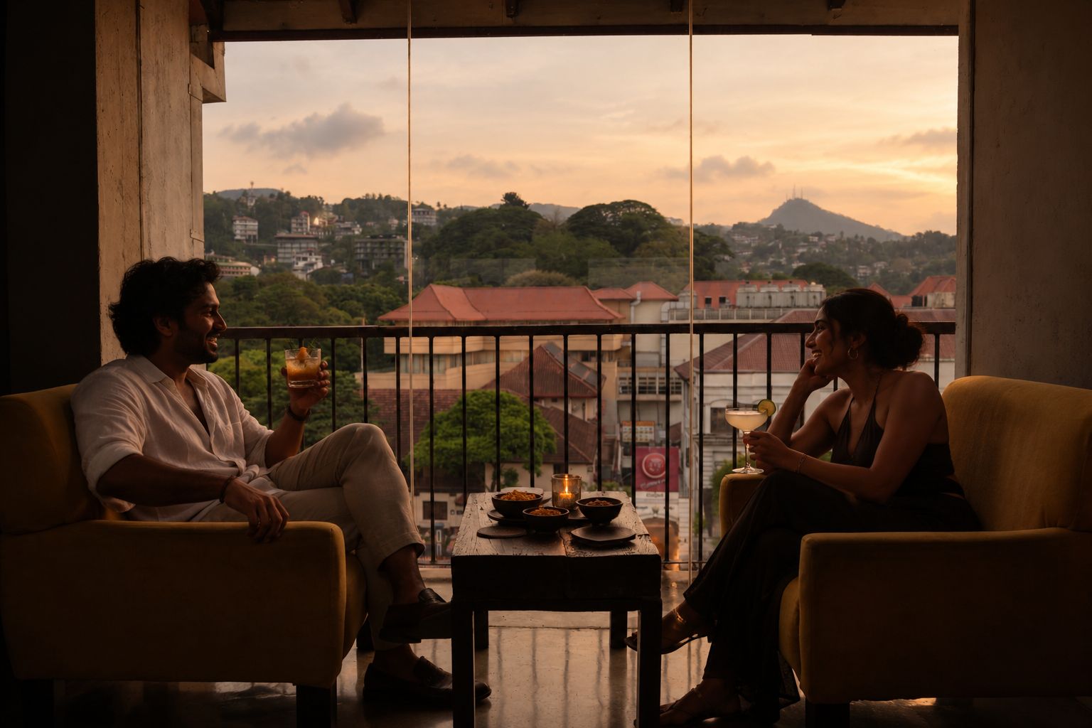 Duas pessoas sentadas em uma varanda com vista para a cidade, uma mesa com comida e bebidas, e um pôr do sol ao fundo.