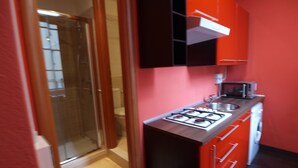 Cozinha compacta com fogão a gás, micro-ondas e pia de aço inoxidável.