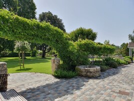 Uma passarela pavimentada com pilares de pedra e um banco, cercada por vegetação exuberante e árvores.