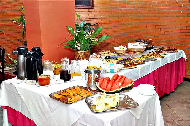 Uma mesa de buffet com diversos alimentos, acompanhamentos e uma planta em vaso.