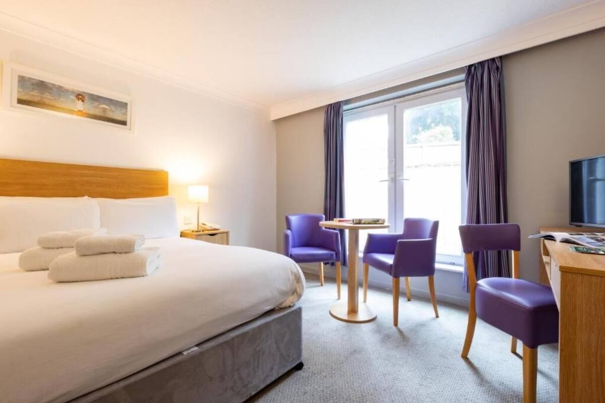 Quarto de hotel com cama, escrivaninha, duas cadeiras roxas, uma mesinha e uma televisão.