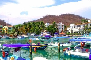 Uma marina com vários barcos atracados, rodeada por edifícios e palmeiras.