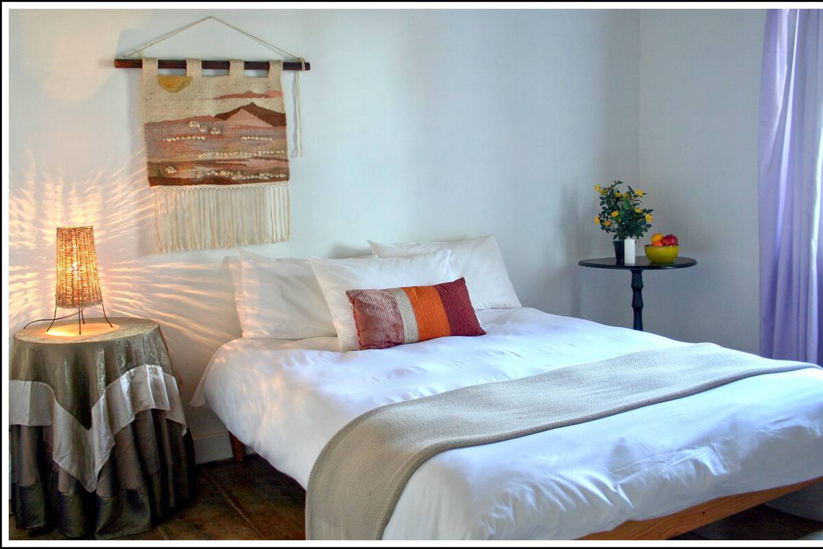 Cama bem arrumada com lençóis brancos e almofada decorativa, luminária de cabeceira, um objeto pendurado na parede e uma mesinha com planta e frutas.