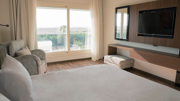 Quarto de hotel com uma cama grande, um sofá, uma TV fixada na parede e uma janela com vista para vegetação e uma paisagem distante.