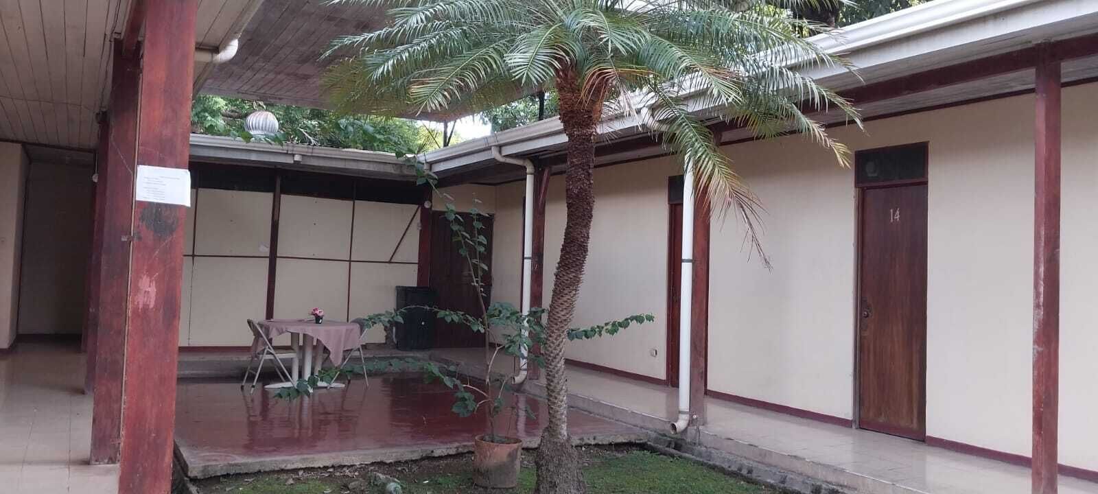 Área externa coberta com uma palmeira, uma mesa com uma cadeira e uma porta identificada com o número 14.