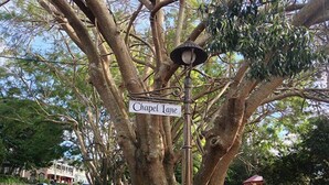 Placa de rua com a inscrição 'Chapel Lane' fixada num poste de metal com um candeeiro decorativo.