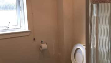 Casa de banho pequena com sanita, uma janela com cortina e rolo de papel higiénico na parede.
