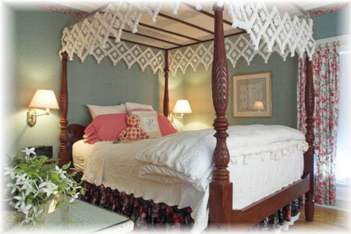 Uma cama com dossel e cortina, duas luminárias de apoio, um quadro na parede e cortina floral.