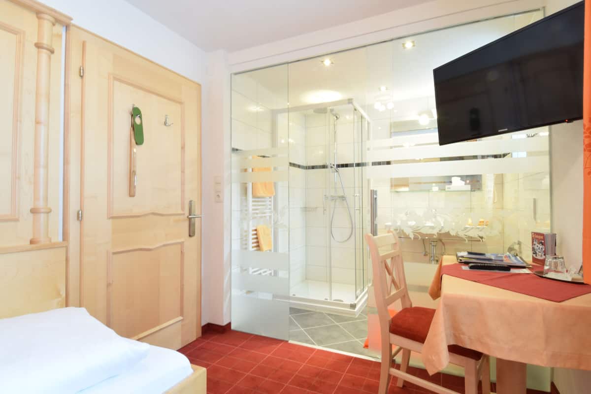 Quarto de hotel com cama, área de chuveiro, mesa e uma cadeira, e televisão.