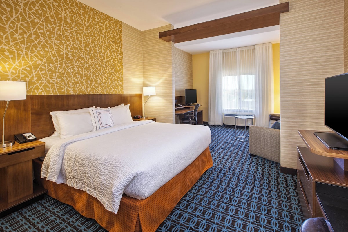 Quarto de hotel com uma cama grande, uma escrivaninha, uma televisão e um tapete estampado.
