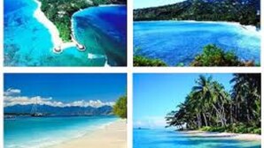 Vista costeira com praia, águas cristalinas e vegetação exuberante.