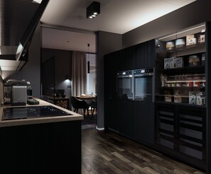 Geladeira grande, fogão, cooktop, lava-louças