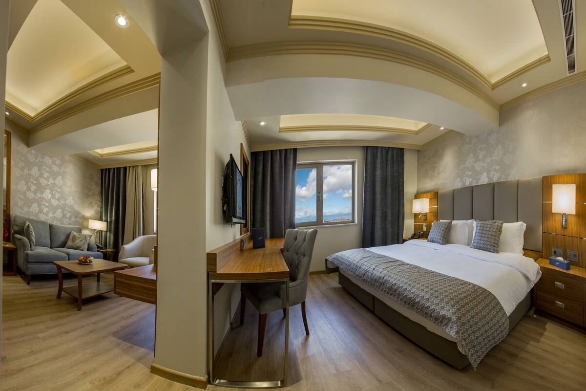 Quarto de hotel com cama, escrivaninha, poltrona, sofá e televisão.