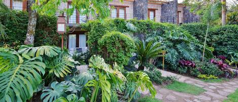 Um jardim exuberante com um edifício de pedra, um caminho pavimentado e diversas plantas tropicais.