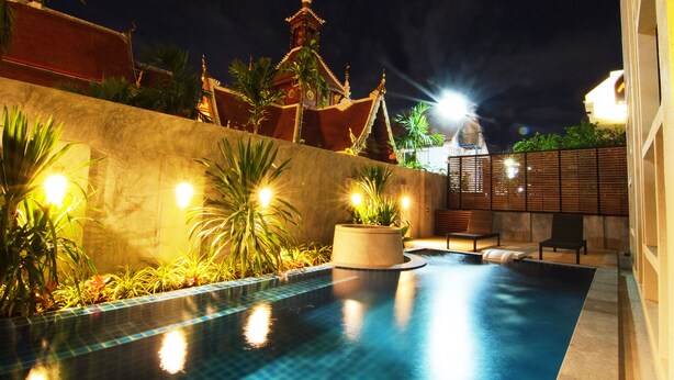 Piscina com borda revestida, cercada por plantas e um muro decorativo.