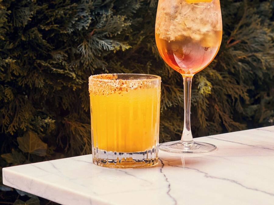 Duas taças de bebida de laranja sobre uma bancada de mármore com um fundo de folhagem verde.