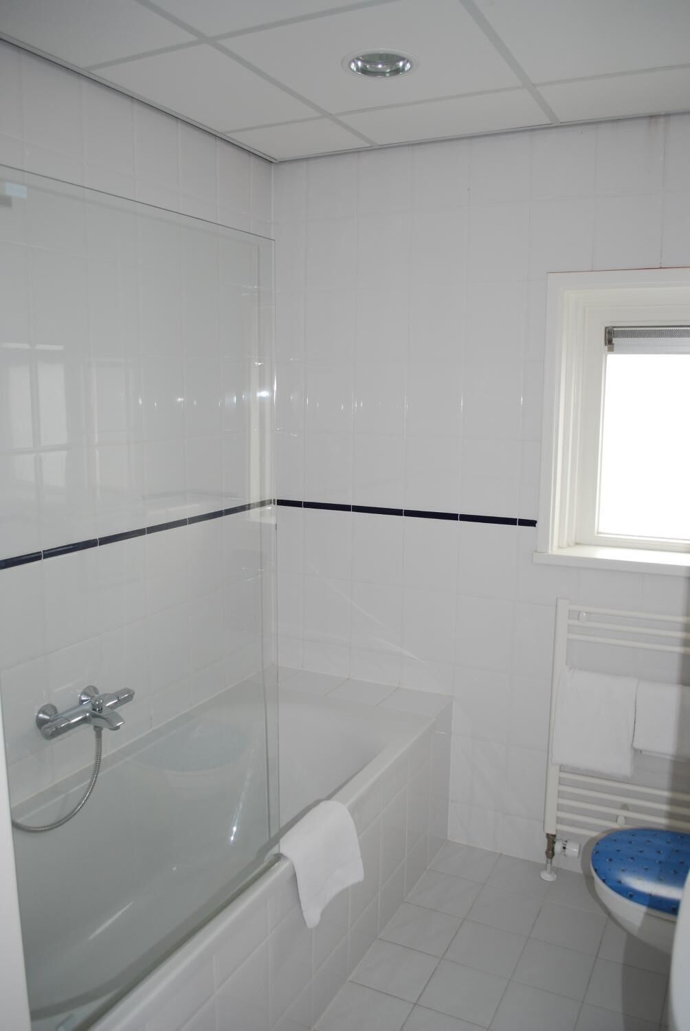 Casa de banho com banheira de hidromassagem separada por vidro, sanita branca e janela.