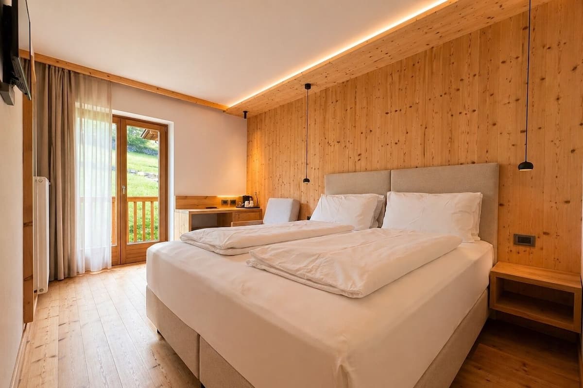 Quarto com uma cama grande, uma escrivaninha e vista para o exterior.