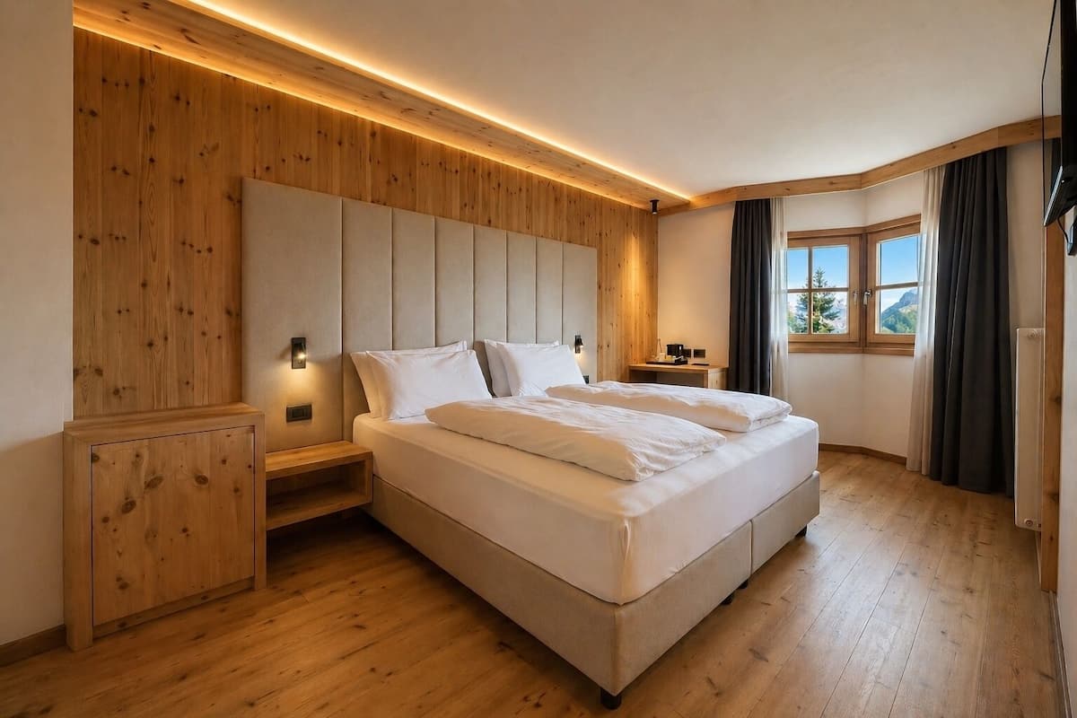Quarto com cabeceira de madeira, cama com roupa de cama branca, mesa de cabeceira e televisão.