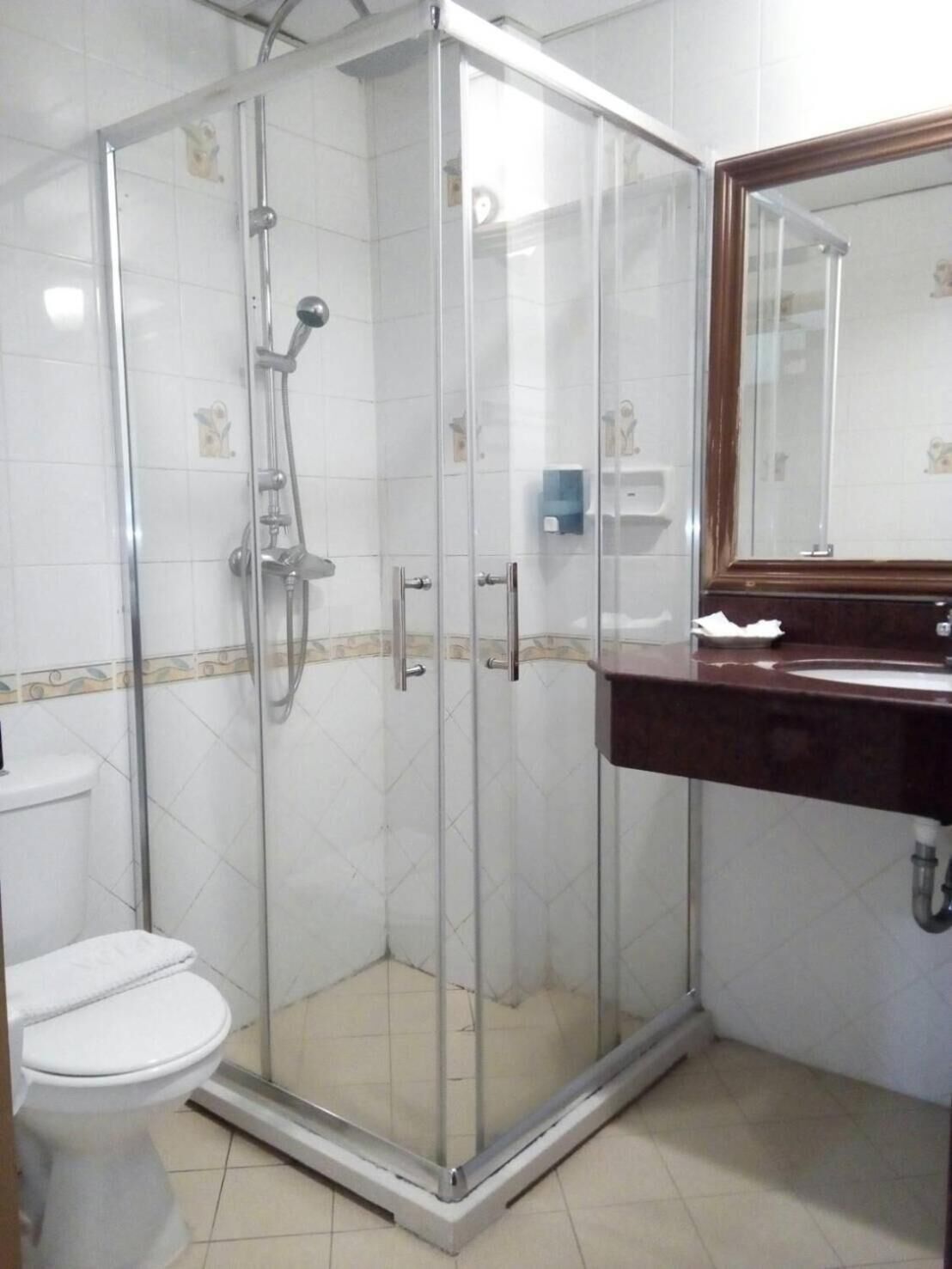 Box de chuveiro com paredes de vidro, vaso sanitário branco e bancada escura com espelho em cima.