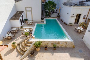 Uma piscina retangular com borda de pedra, rodeada por área de estar externa e plantas em vasos.