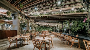 Restaurante com mesas e cadeiras de madeira, área de bar e plantas pendentes.