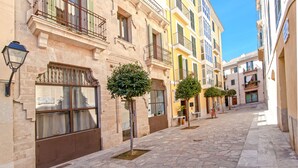 Uma rua estreita com edifícios históricos, um passeio pavimentado e uma pequena árvore.