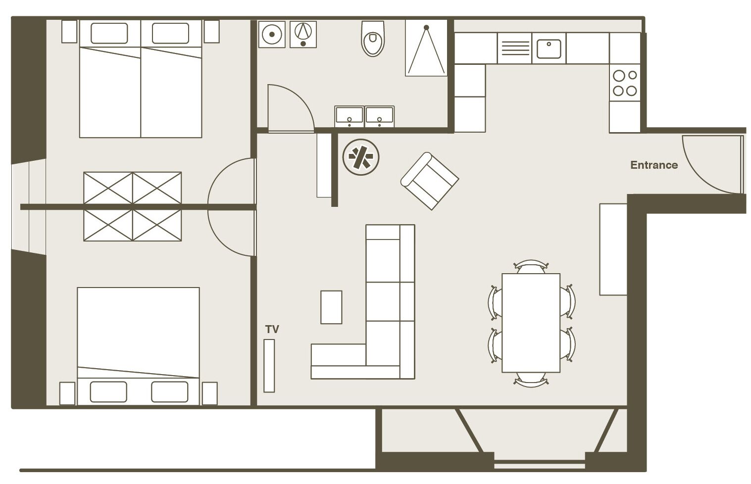 Planta baixa de um quarto de hotel com televisão, mesa de jantar, cozinha e entrada.