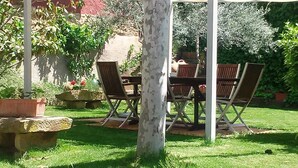 Um pátio externo com mesa e cadeiras, rodeado por vegetação e plantas em vasos.