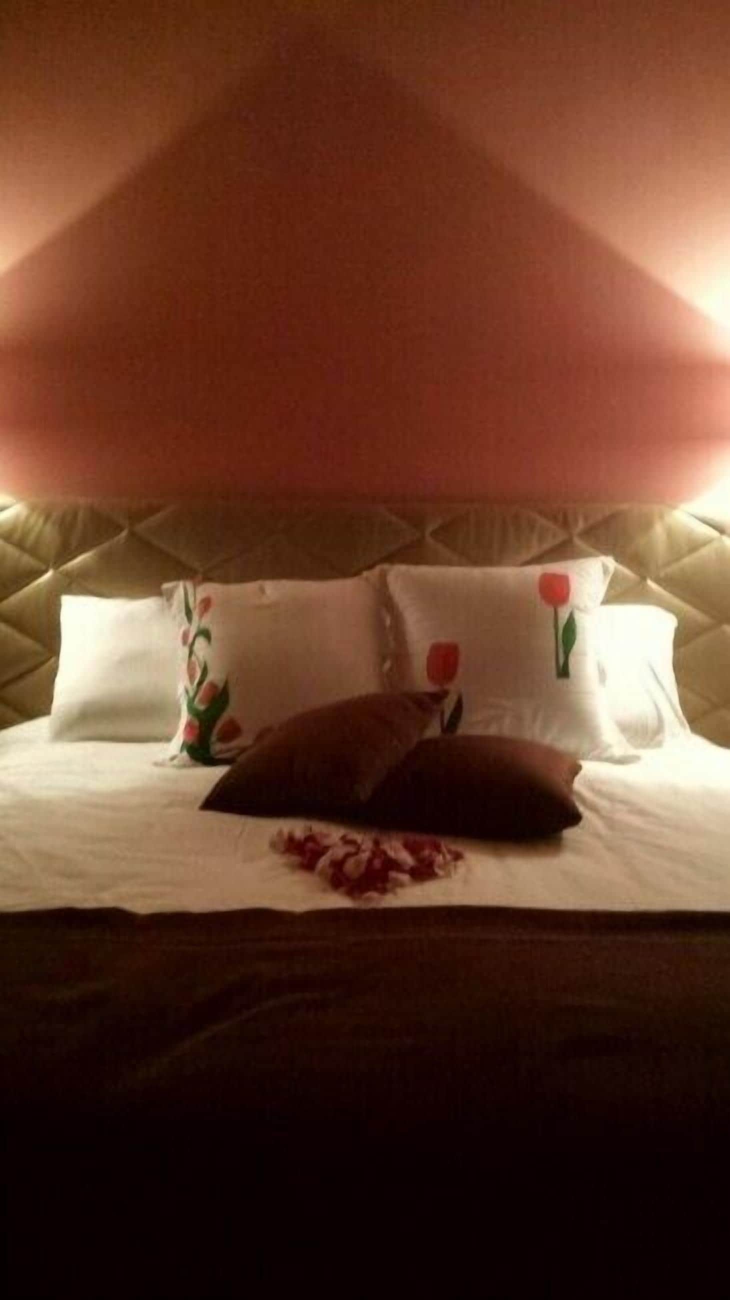 Uma cama com cabeceira acolchoada, duas almofadas com estampas florais e uma almofada escura.