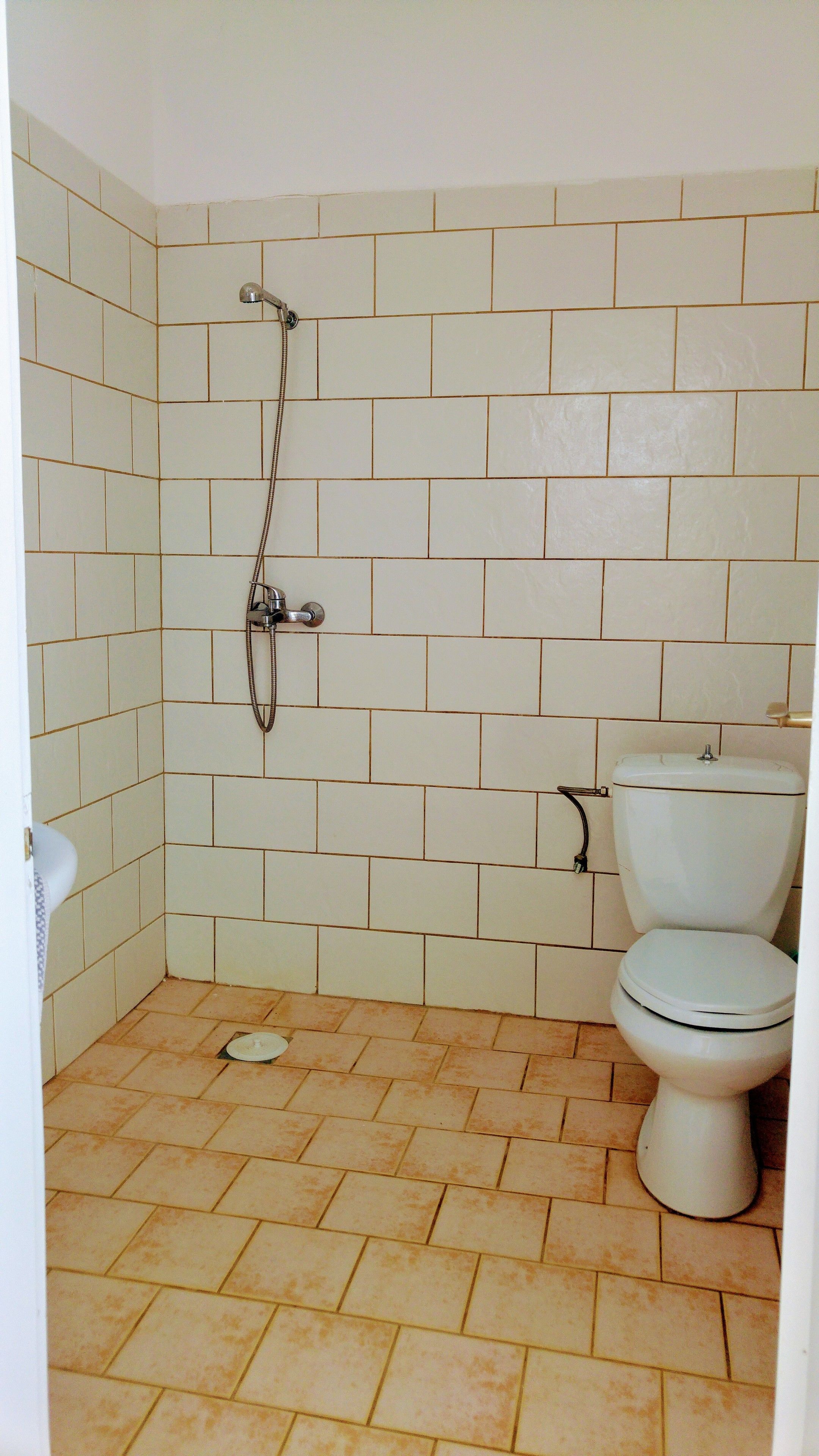 Um banheiro com paredes revestidas de azulejos brancos, vaso sanitário branco e chuveiro com mangueira.