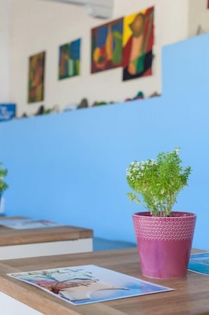 Uma área de recepção com balcão de madeira, planta em vaso rosa e obras de arte coloridas na parede.