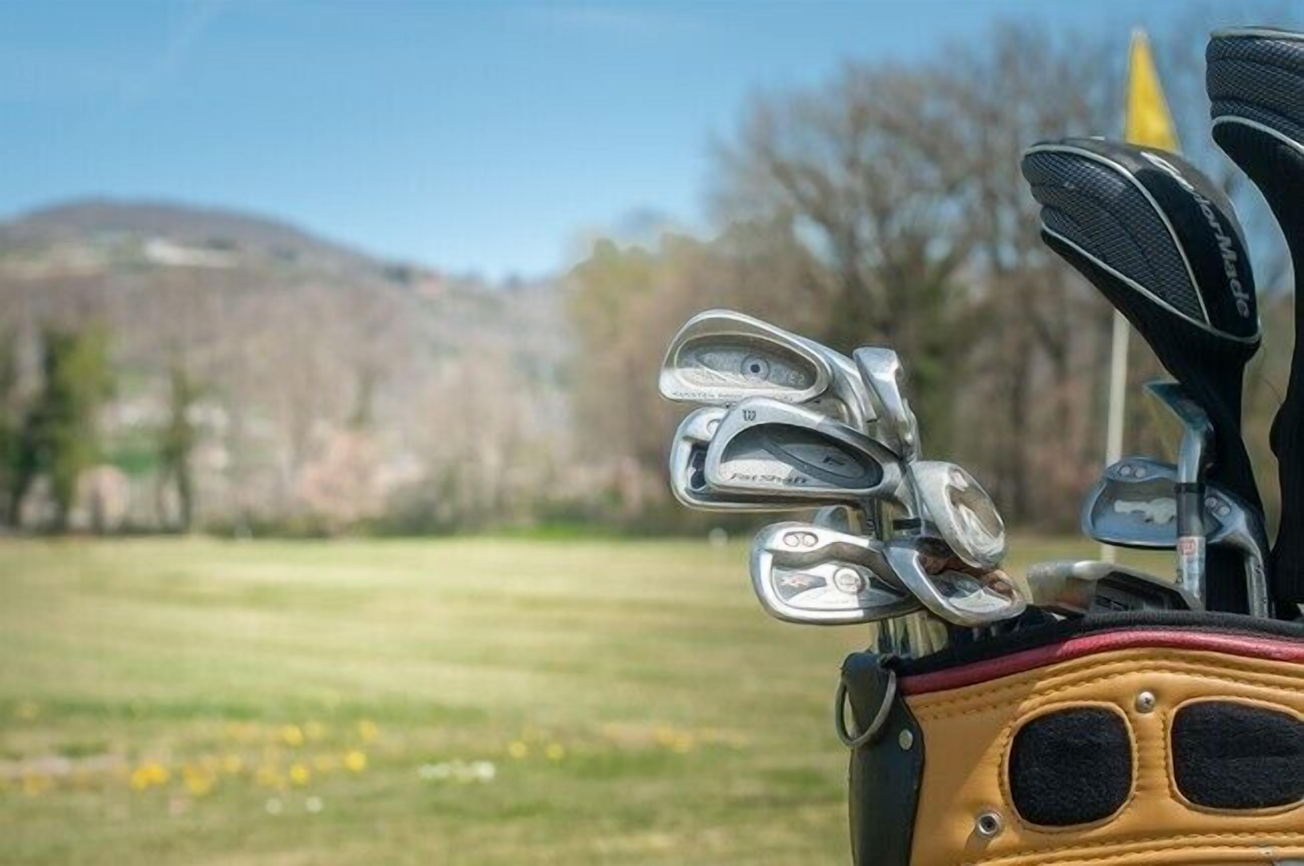 Uma mala de golfe com vários tacos, uma bandeira amarela e montanhas ao fundo.