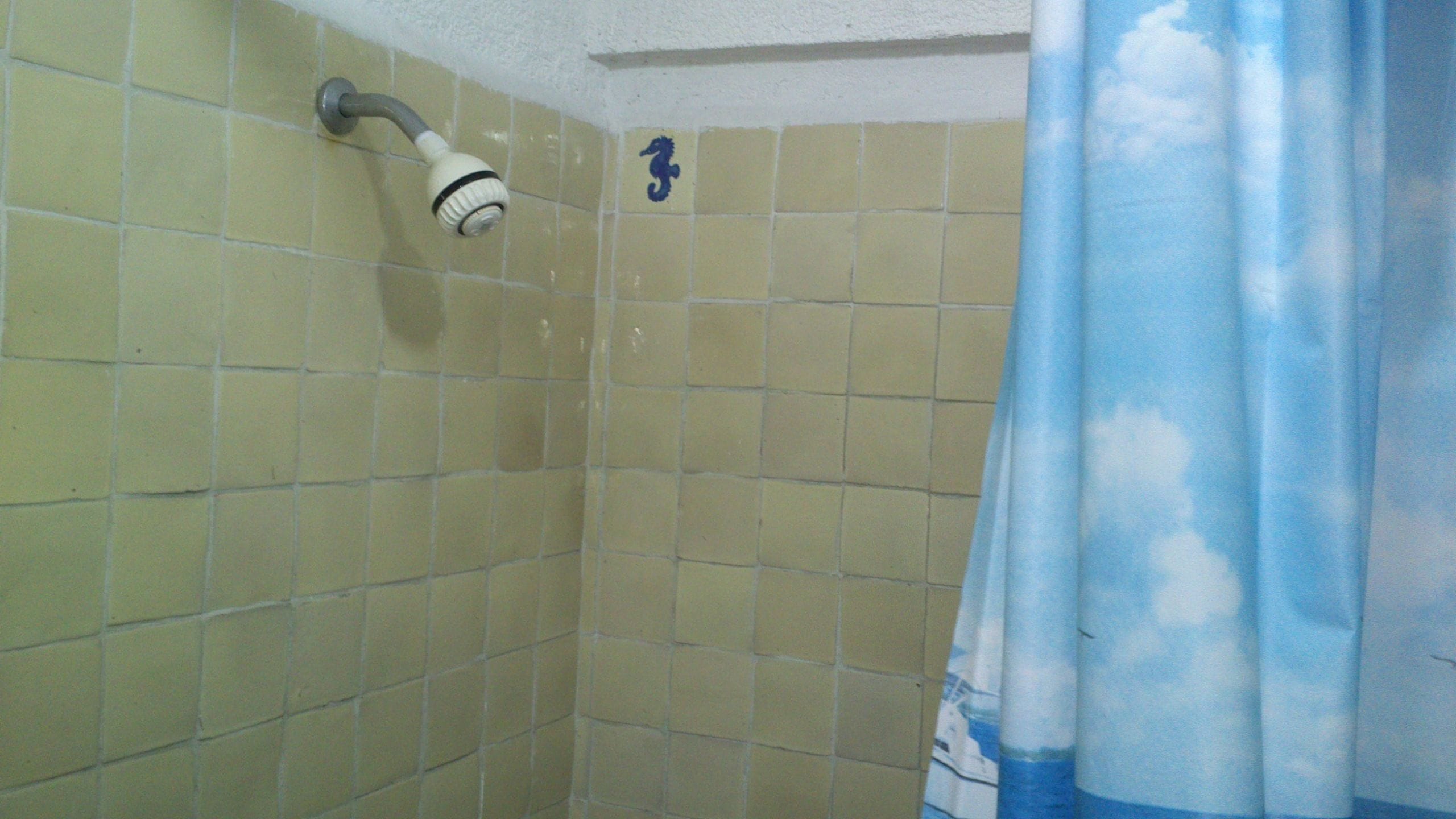Um banheiro com paredes revestidas de azulejos bege, chuveiro com um chuveiro manual branco e cortina de chuveiro azul com padrão de nuvens.
