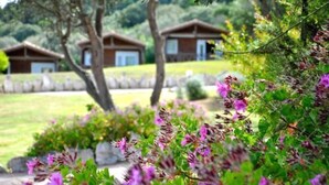 Fileira de cabanas rústicas com uma parede de pedra e vegetação ao primeiro plano.