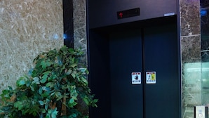 Um elevador com visor digital, sinais de saída de emergência e um vaso de planta ao lado.