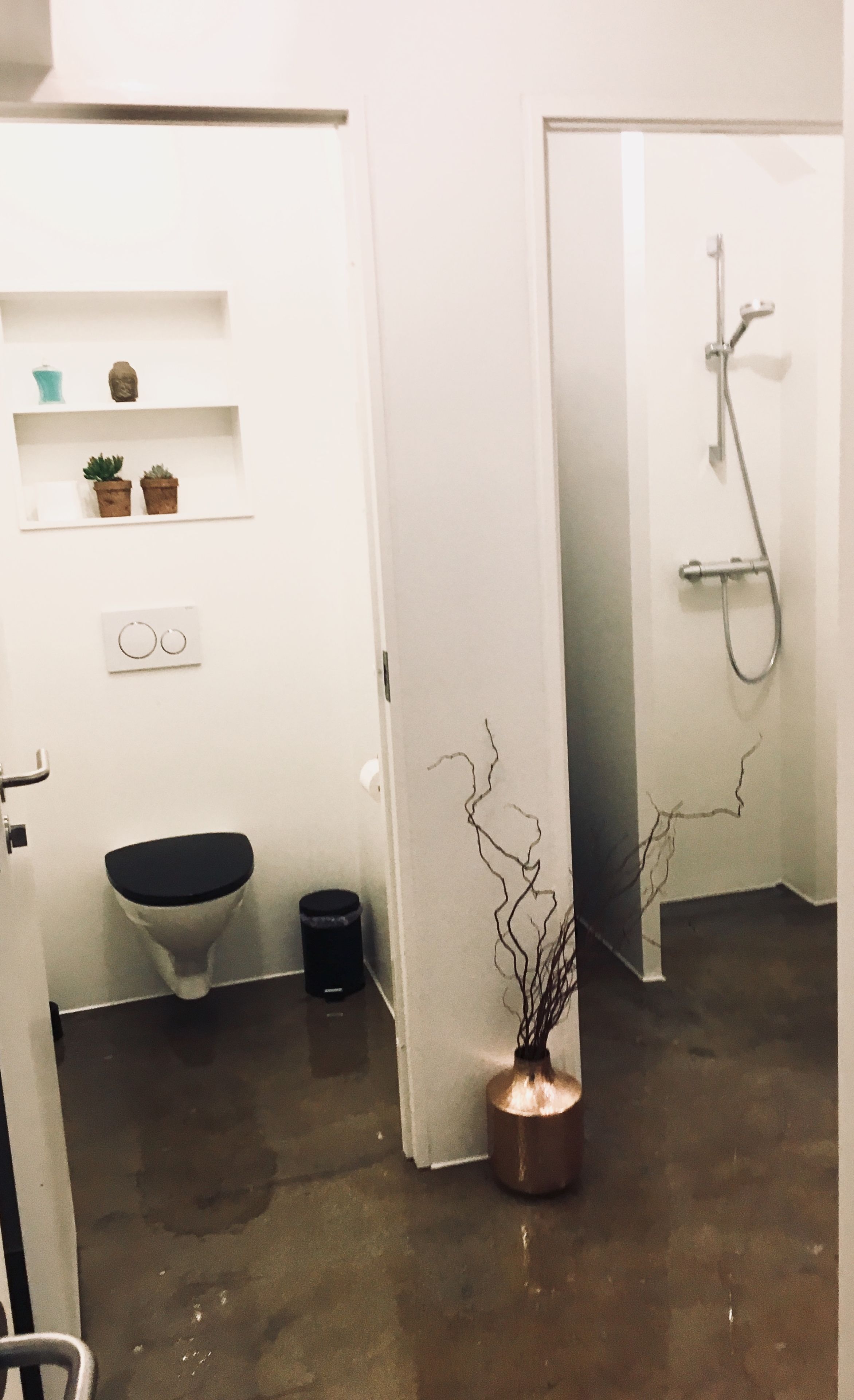 Casa de banho com sanita, lavatório e chuveiro. Há estantes com objetos decorativos e um cesto de lixo.