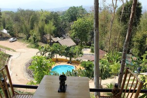 Vista de uma varanda com vista para uma piscina, cercada por vegetação exuberante e uma trilha de terra.