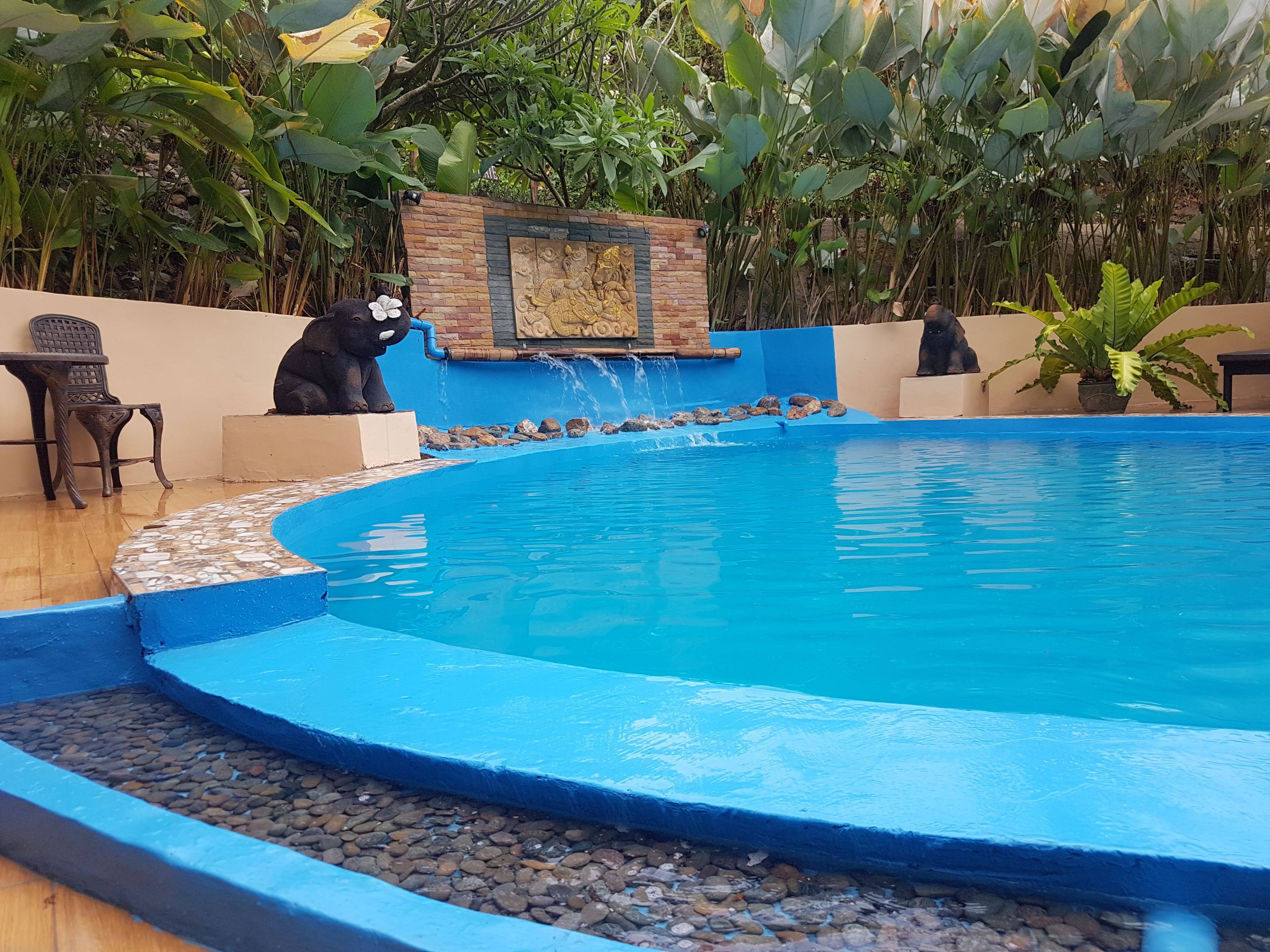 Piscina com borda azul, parede de pedra com escultura em relevo e vegetação ao redor.