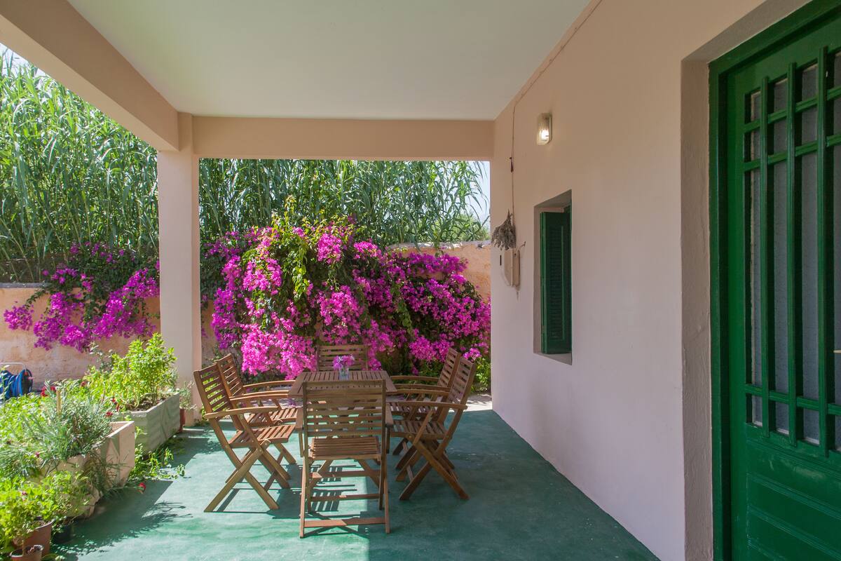 Um pátio externo com mesa e cadeiras, rodeado por flores rosa vibrantes e vegetação.