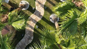 Um jardim ajardinado com palmeiras e um caminho de pedra.