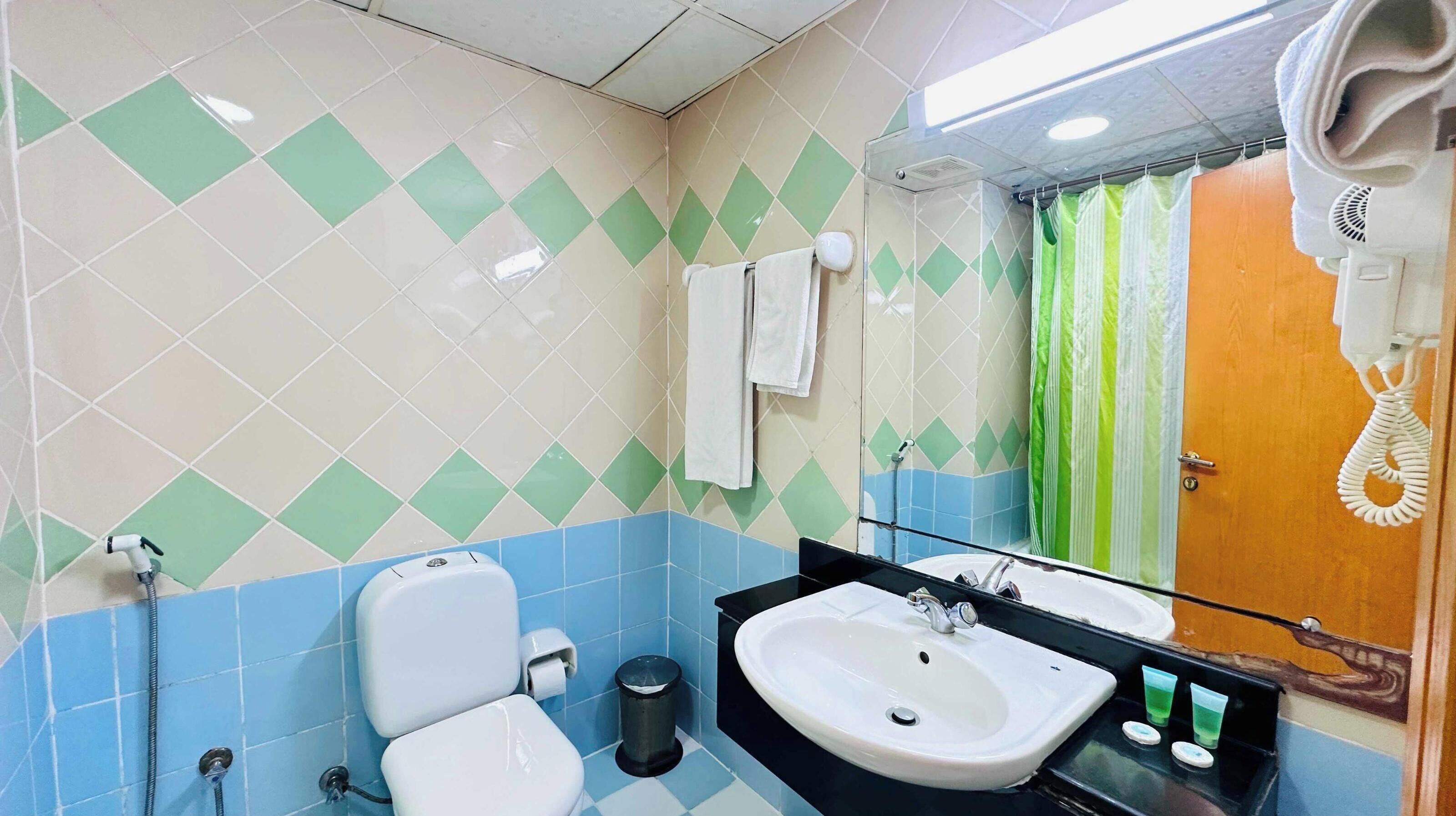 Casa de banho com sanita, lavatório e chuveiro. Há um porta-toalhas com uma toalha pendurada, um cesto de lixo e um secador de cabelo num suporte.