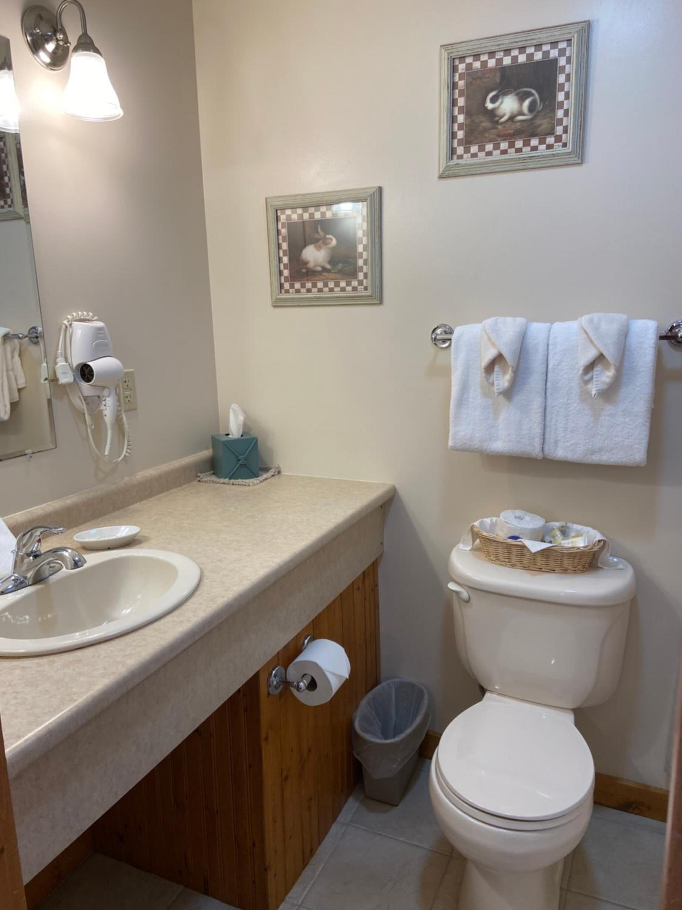 Casa de banho com lavatório, espelho, secador de cabelo, quadros e sanita com cestaria de produtos de higiene pessoal.